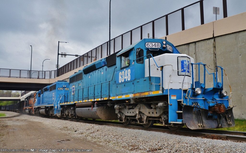 WE 6348 now shoves hard against it's train.